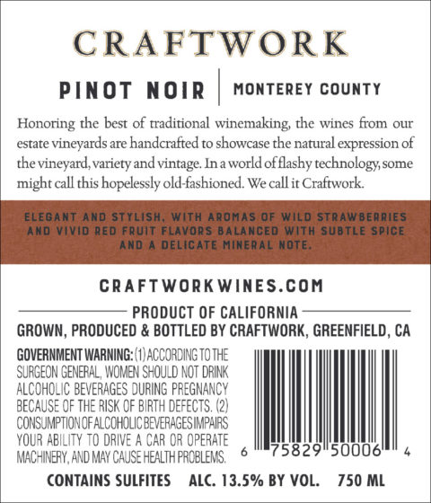 Craftwork 2018 Pinot Noir Back Label | SFW Media