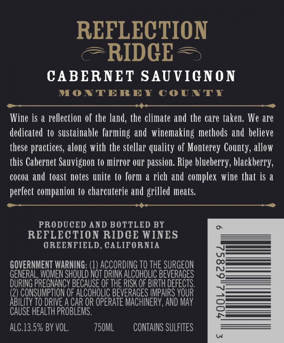 Reflection Ridge NV Cabernet Sauvignon Back Label | SFW Media