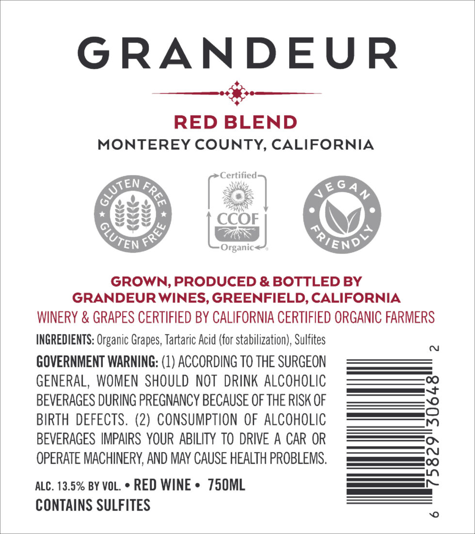 Grandeur 2021 Red Blend Back Label | SFW Media